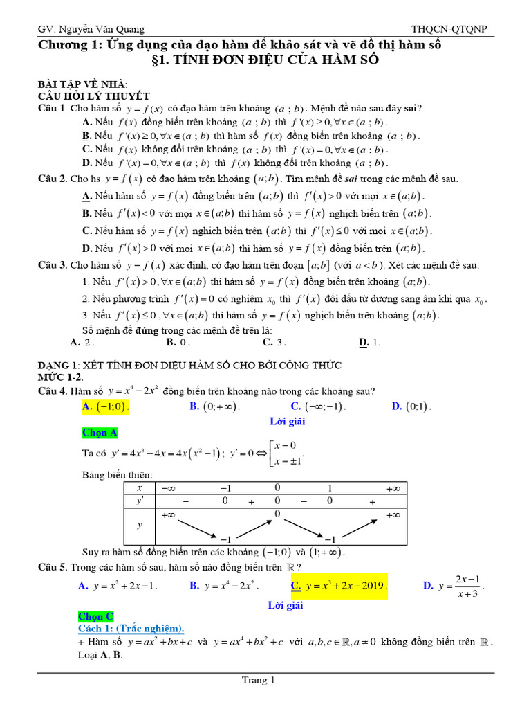 1 Bg Gt12 Ch1 b1 Tính Đơn Điệu Hàm Số 22 23 Hdg Btvn | PDF