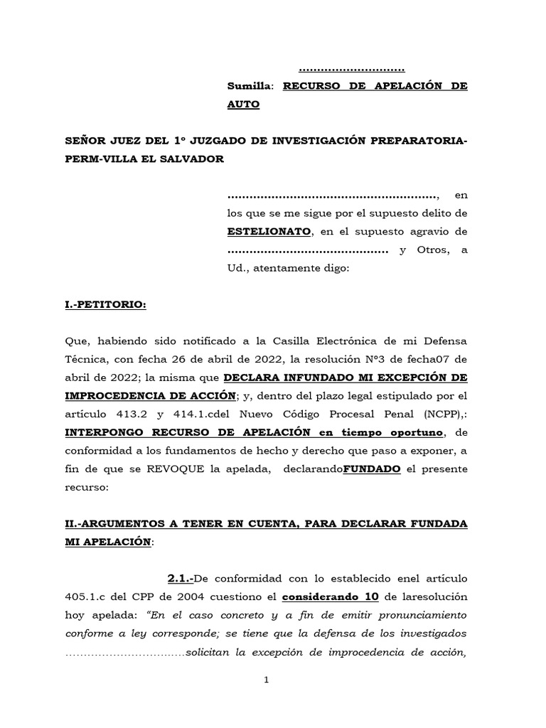Apelación de Auto Excepción de Impr0cedencia de Acción Delito ...