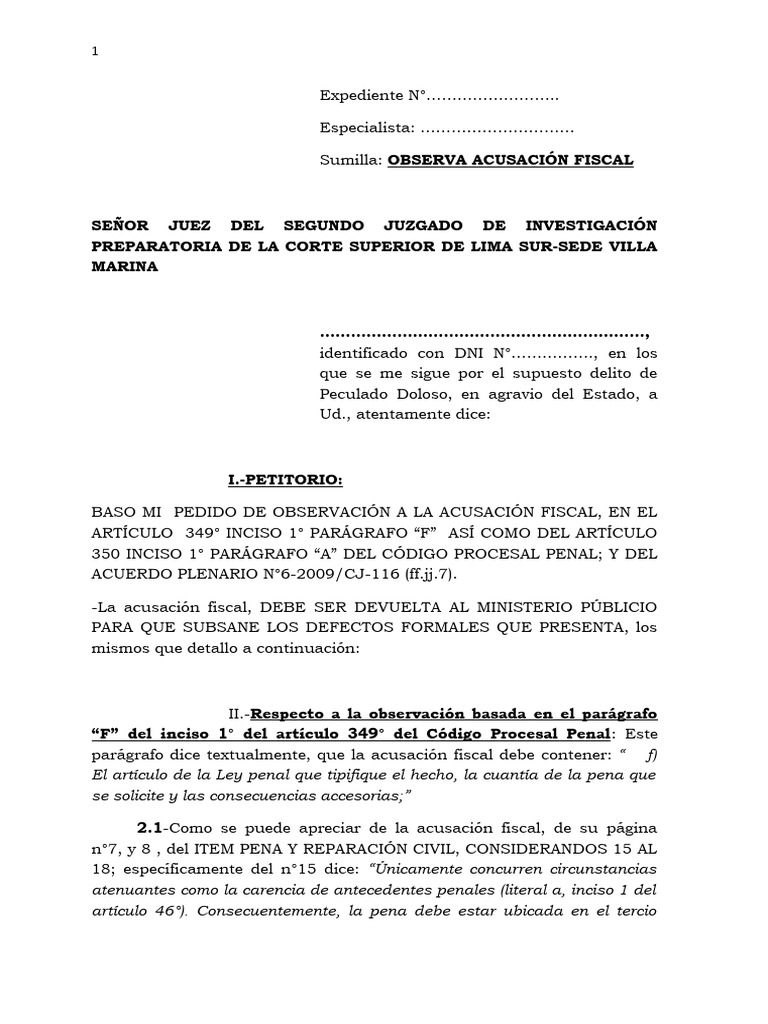 Observación A Acusación NCPP Delito de Peculado Doloso | PDF | Fiscal ...