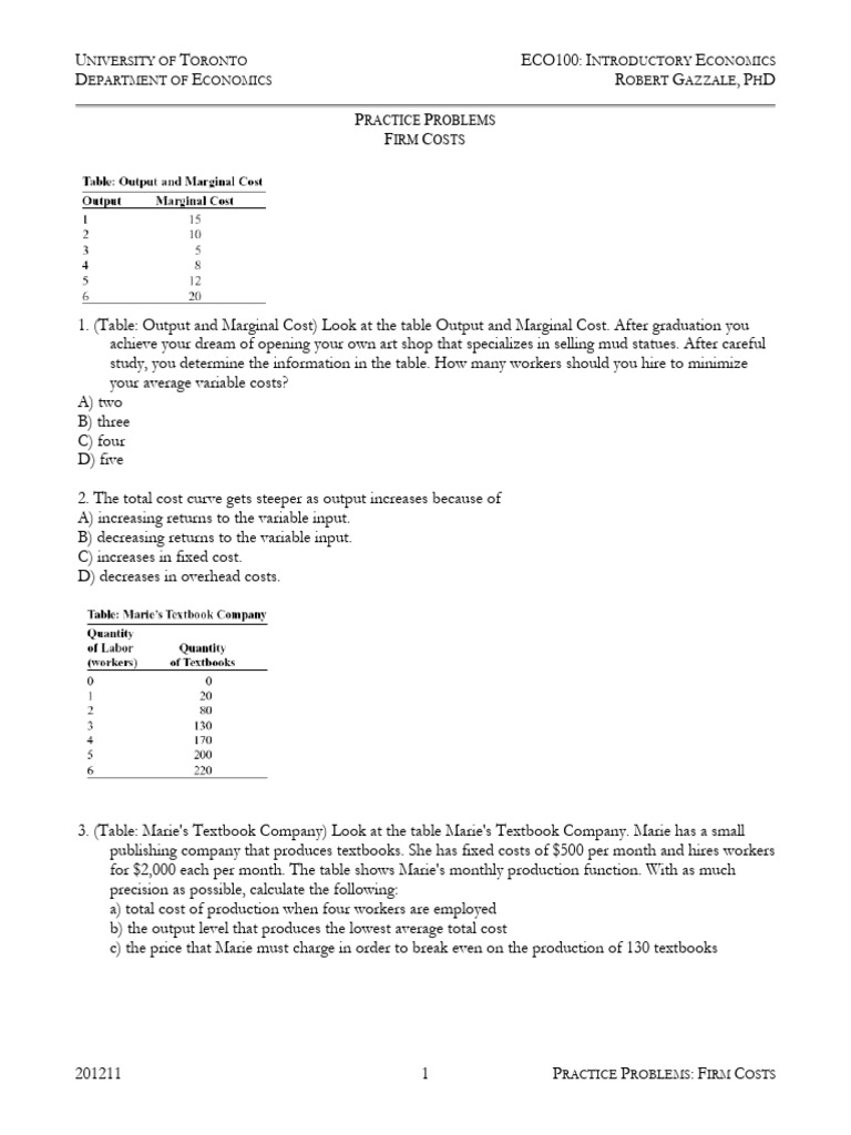 07 Practice Problems Firm Costs | PDF | Average Cost | Marginal Cost