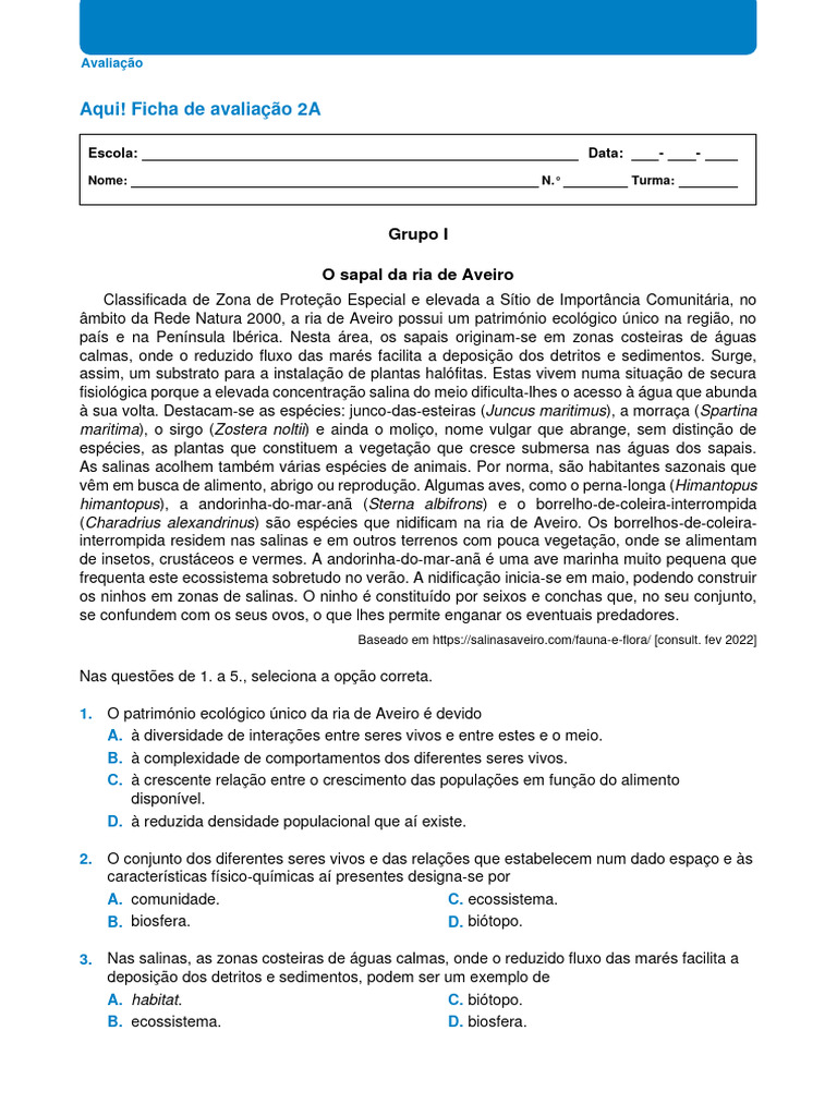 Aq8 Ficha Avaliacao 2a | PDF | Ecossistema | Germinação