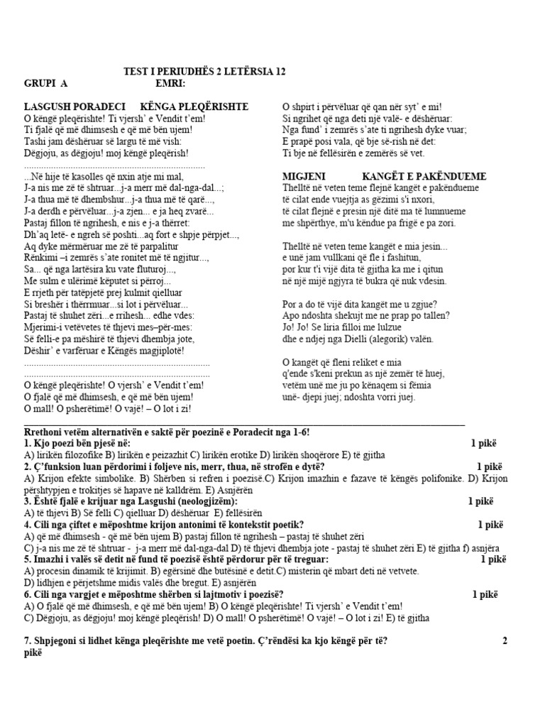 2020 - 2021 Letersi Klasa 12 Periudha 2 Lasgush Poradeci Kenga Pleqerishte Migjeni Me Zgjidhje | PDF