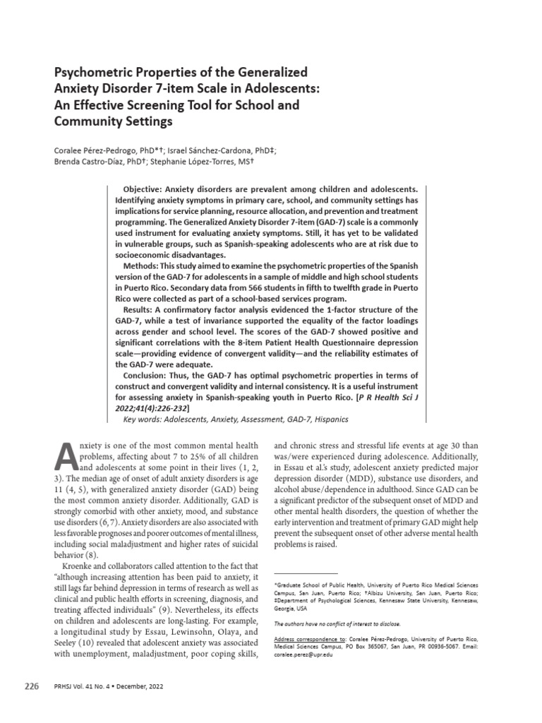 GAD 7 in Adolescents PR | PDF | Generalized Anxiety Disorder | Mental ...