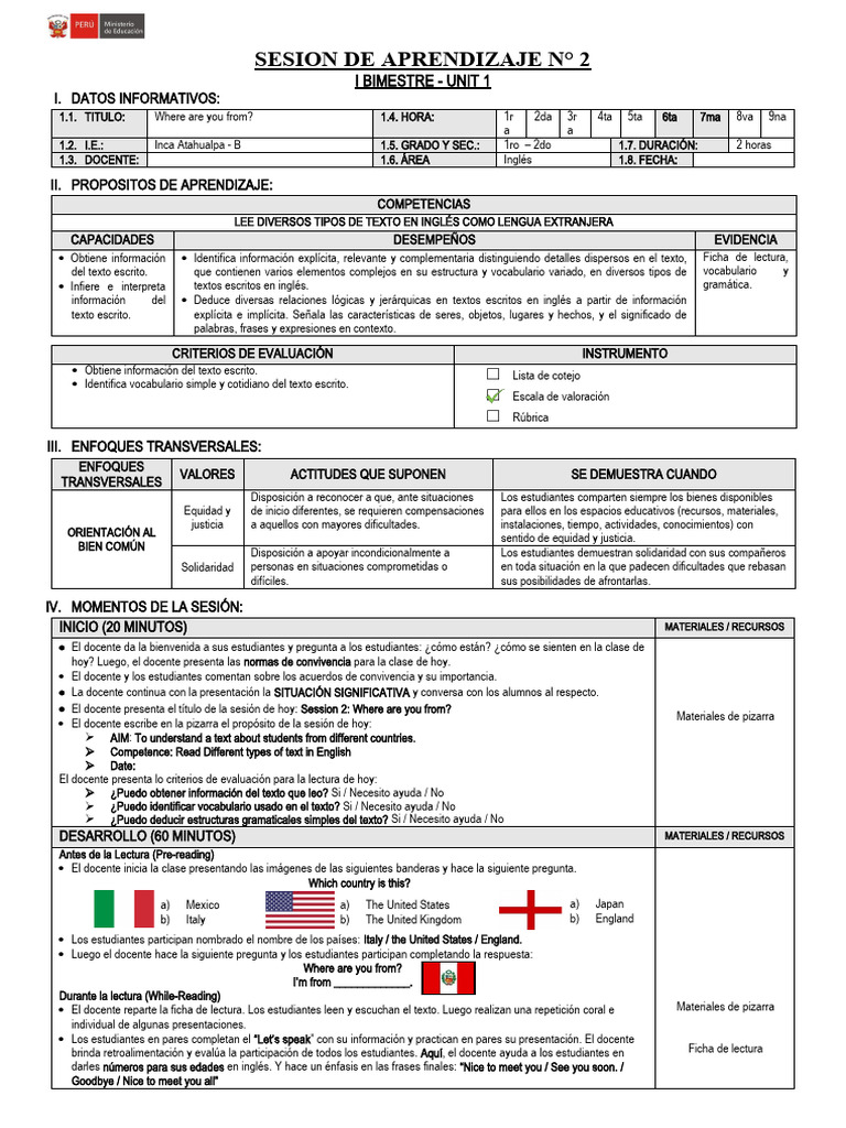 Sesion de Aprendizaje N°2 - 2023 - Ciclo Vi - Unit 1 | Descargar gratis PDF | Aprendizaje ...