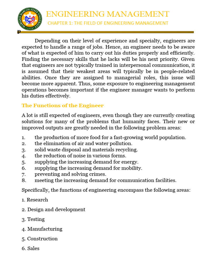 Chapter 1: The Field of Engineering Management | PDF | Engineering | Engineer