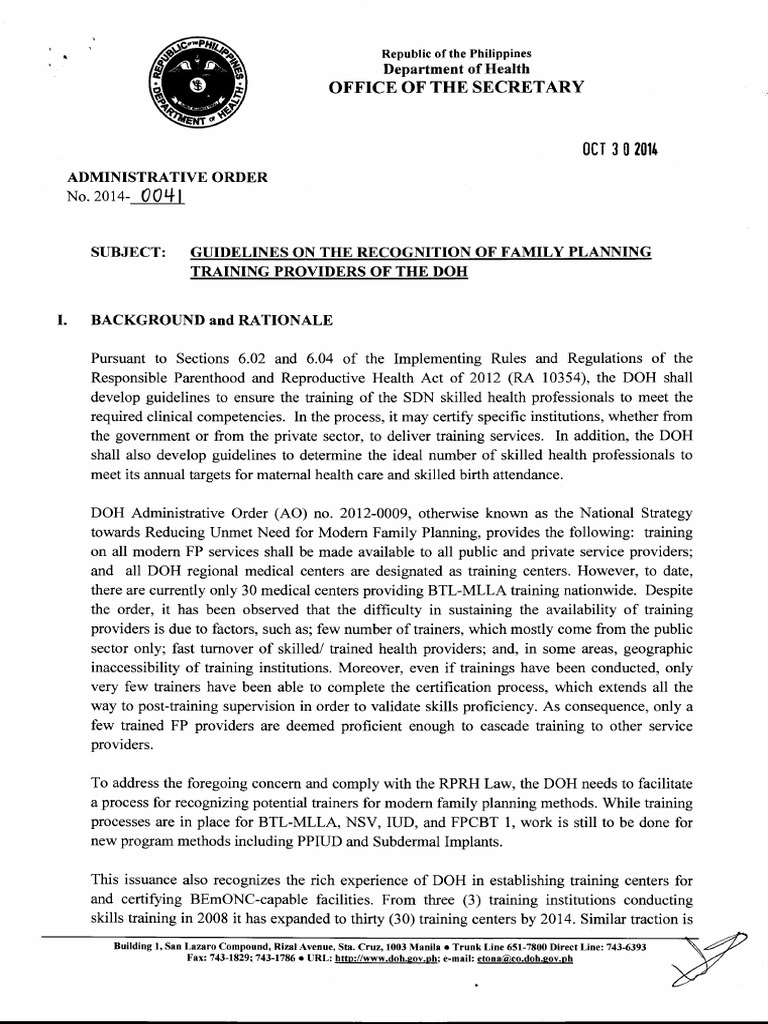 AO2014-0041 - Guidelines On The Recognition of FP Training Providers of The DOH - AO2014-0041 ...