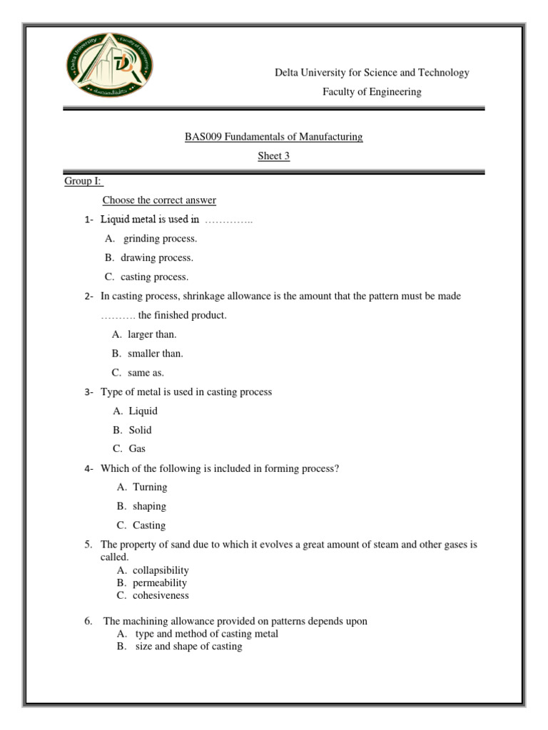 Sheet 3 PDF | Download Free PDF | Casting | Mechanical Engineering