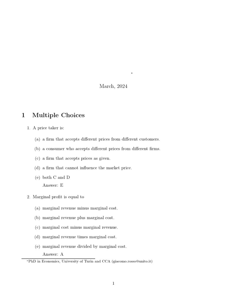 Economics Exam Practice | PDF | Profit (Economics) | Marginal Cost