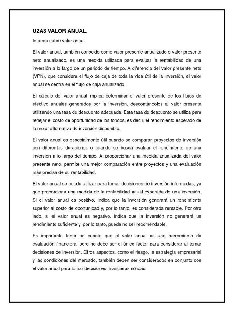 Cálculo del Valor Anual de Inversiones | PDF | Flujo de caja descontado ...