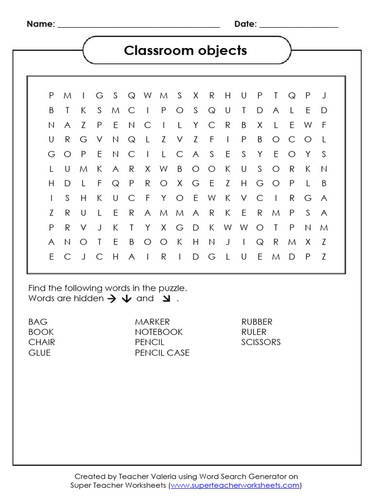 Classroom Objects Word Search | PDF | Word Search | Puzzles