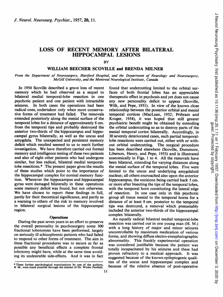 Memory Amnesia Scoville Milner 1957 | PDF | Hippocampus | Temporal Lobe
