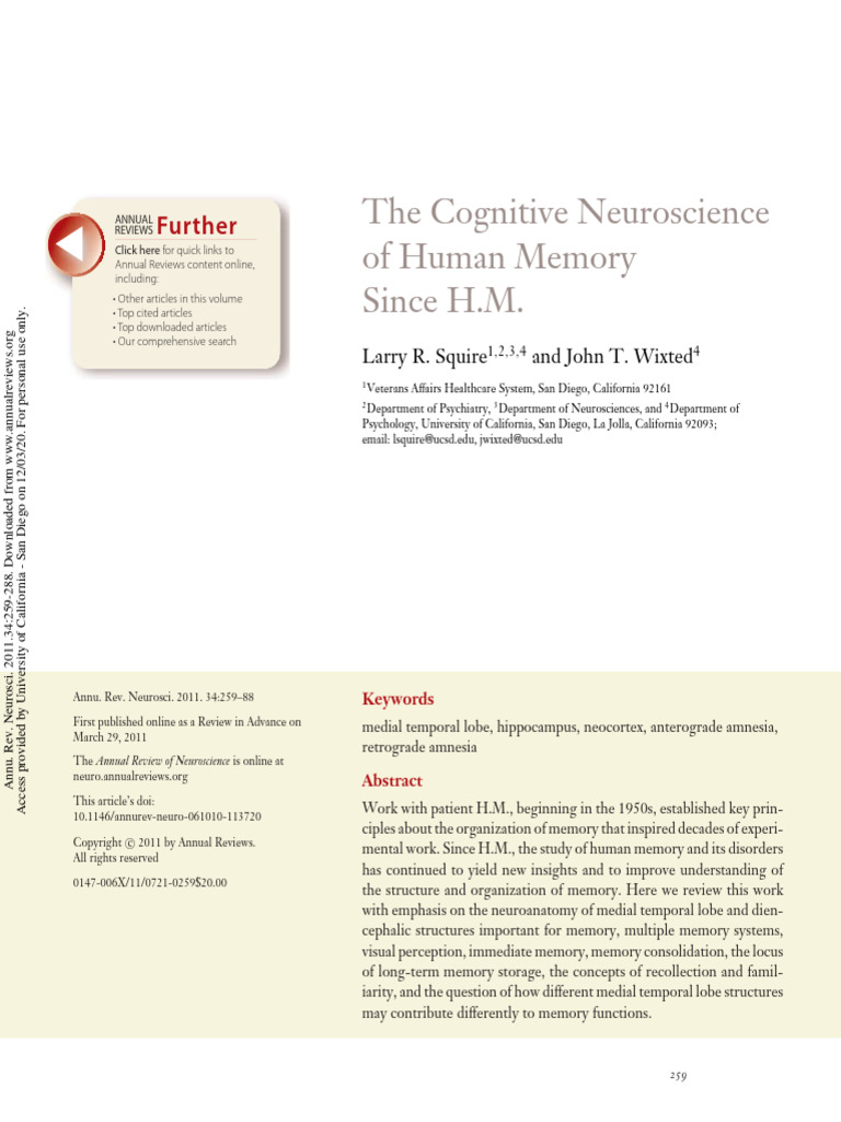 Memory Amnesia Squire Wixted AnnRevNeuro | PDF | Hippocampus | Hippocampus Anatomy