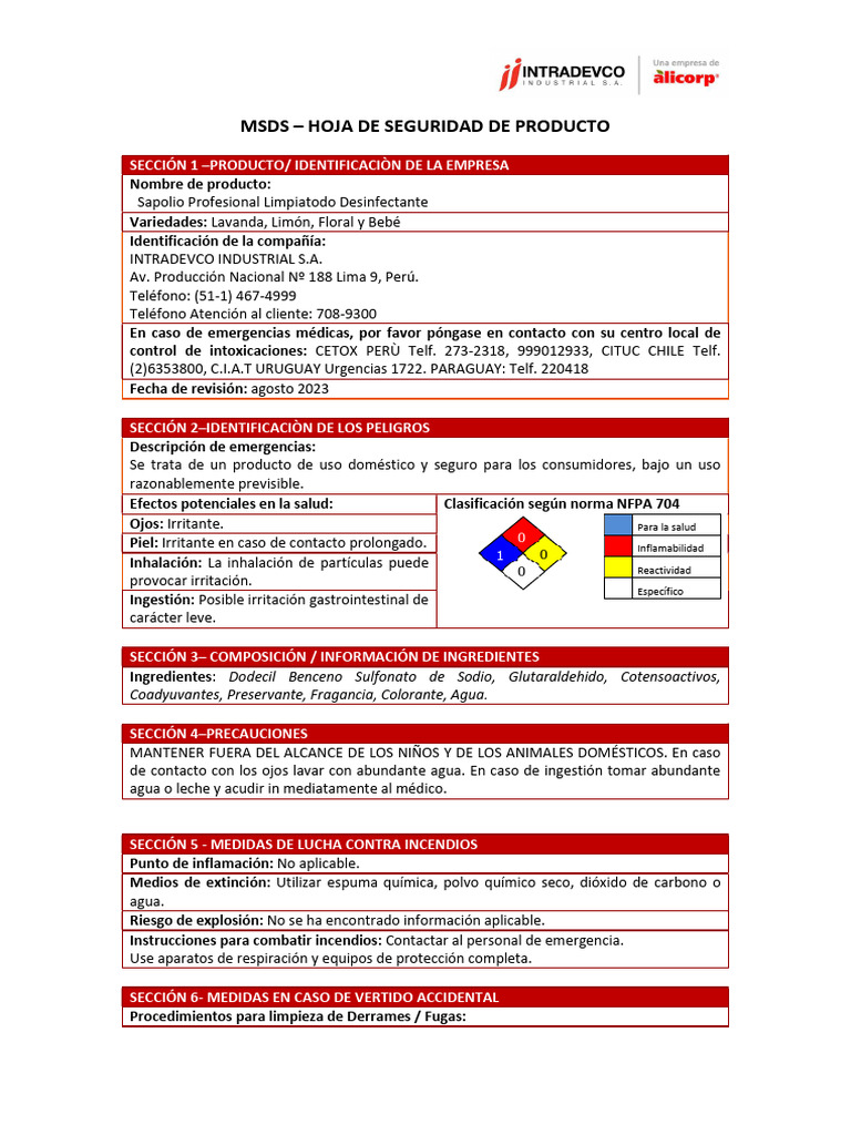 Msds - Hoja de Seguridad de Producto: para La Salud Inflamabilidad Reactividad Específico | PDF ...