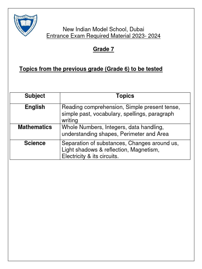 Entrance Exam Required Material Grade 7 2023 2024 | PDF