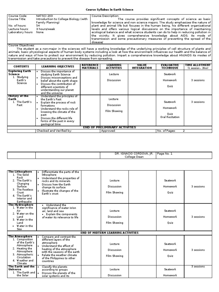 Course Syllabus in Earth Science | PDF | Earth | Atmosphere Of Earth