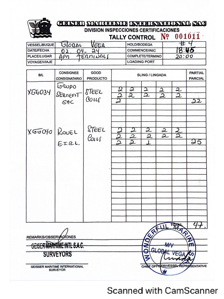 Tally Control Shift 4 - MV Global Vega | PDF