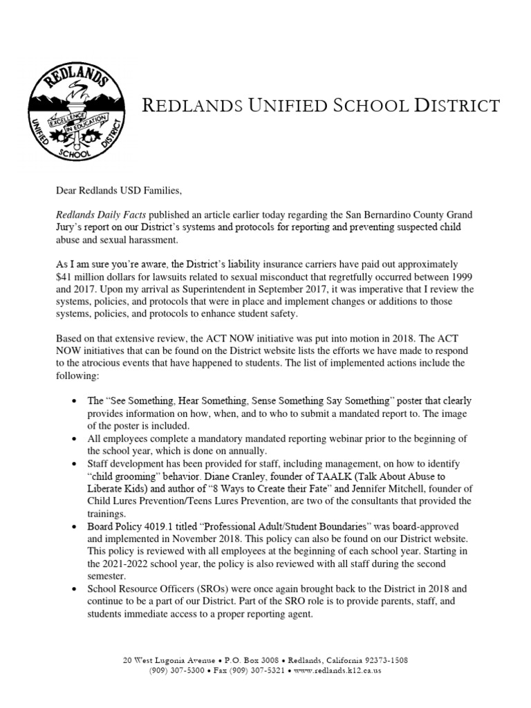 Letter To Families From Redlands Unified | Download Free PDF | Justice ... Letter To Families From Redlands Unified | Download Free PDF | Justice ...
