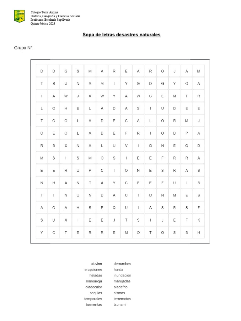 Sopa de Letras: Desastres Naturales | PDF