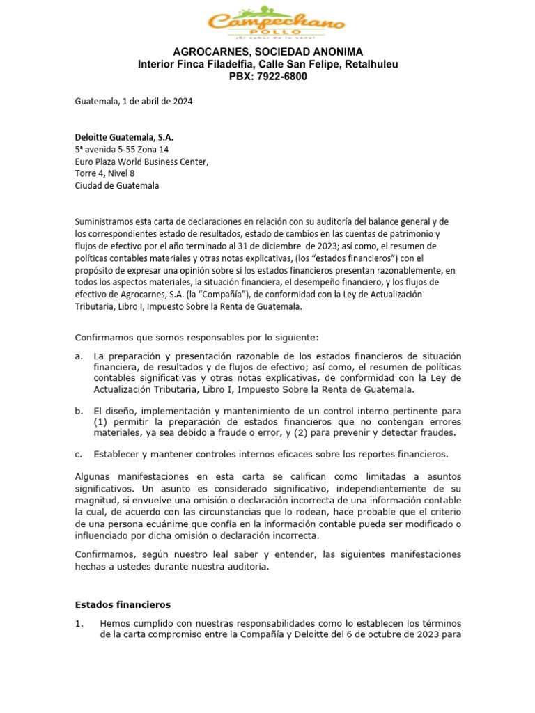 Carta de Representación Agrocarnes 2023 ISR | PDF | Estado financiero ...