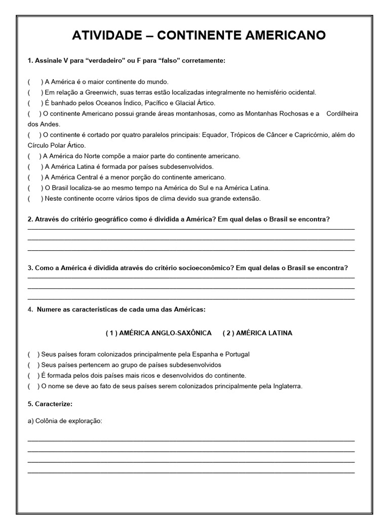 Continente Americano - Atividade | PDF | Américas | América do Sul
