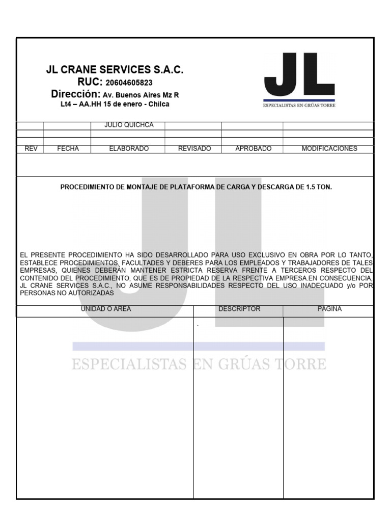 Procedimiento de Montaje de Plataforma de Descarga. | PDF Procedimiento de Montaje de Plataforma de Descarga. | PDF