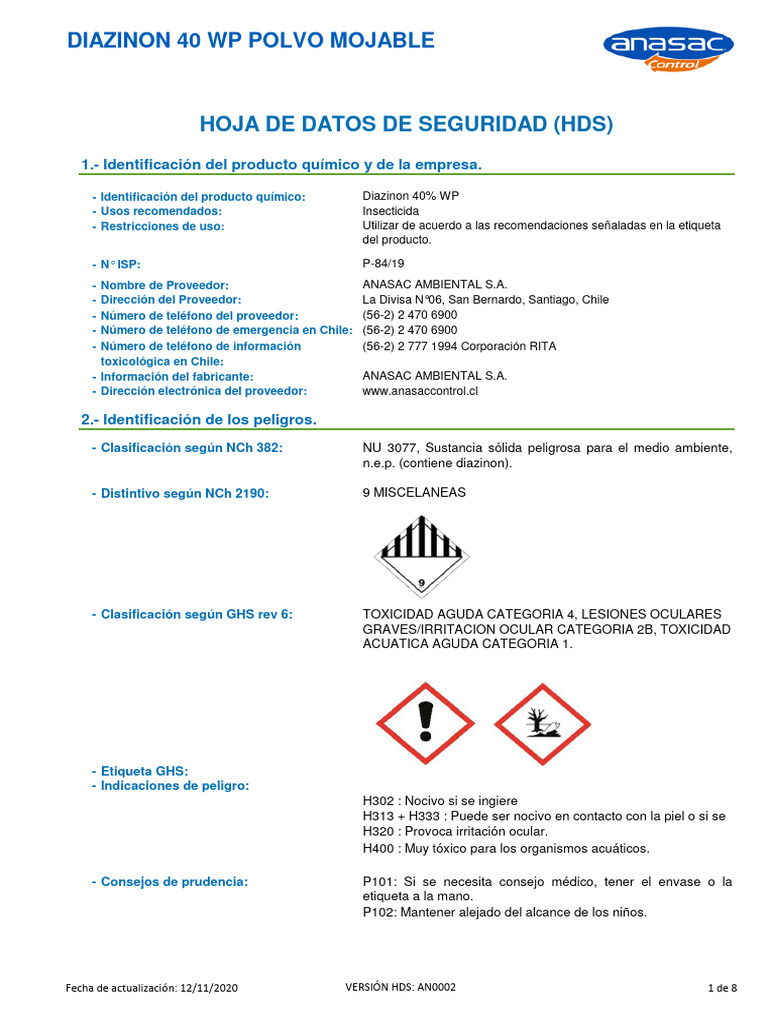 Diazinon Hoja de Seguridad | Descargar gratis PDF | Agua | Toxicidad