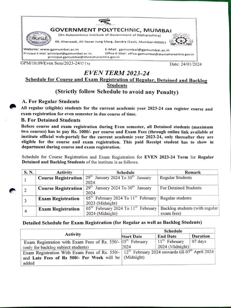 Even Sem 2023-24 Course & Exam Registration Circular | PDF