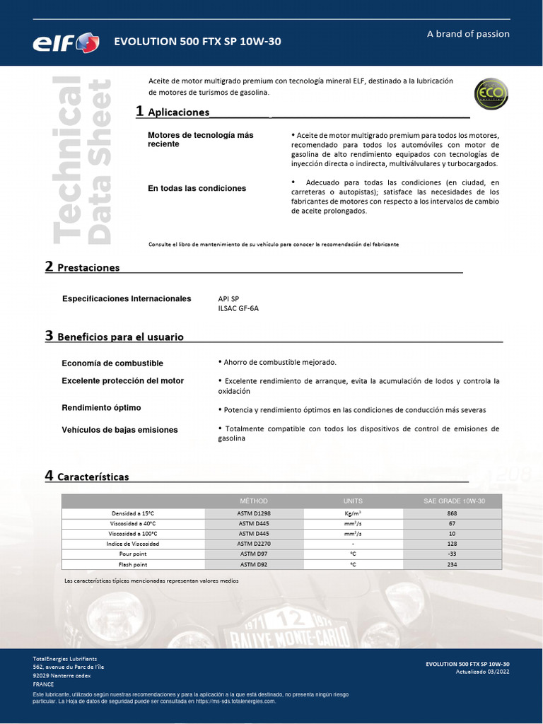 TDS_ELF_EVOLUTION 500 FTX SP 10W-30_CB9_202003_ES_COL | PDF | Aceite de motor | Lubricante