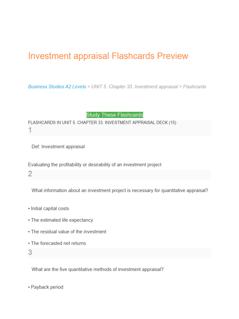 Investment Appraisal Flashcards Preview | PDF | Net Present Value ... Investment Appraisal Flashcards Preview | PDF | Net Present Value ...