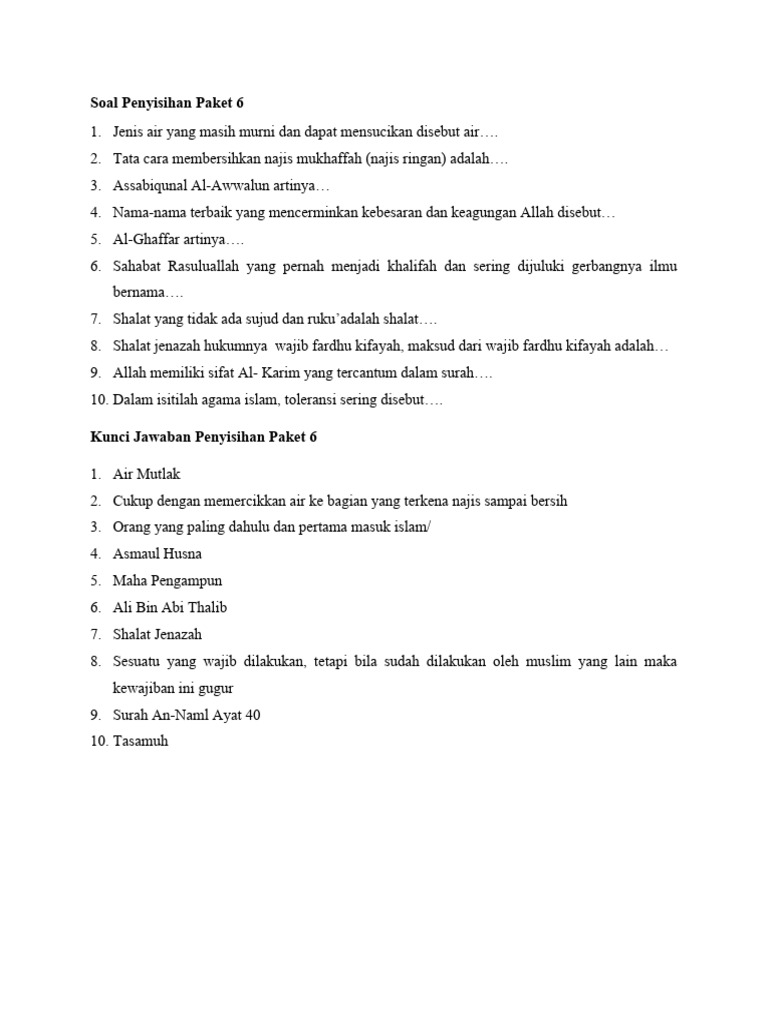 Soal dan Jawaban Agama Islam Paket 6-15 | PDF