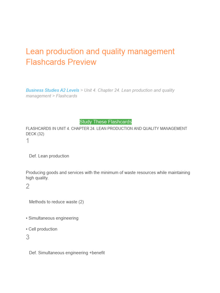 Lean Production and Quality Management Flashcards Preview | PDF | Lean ...