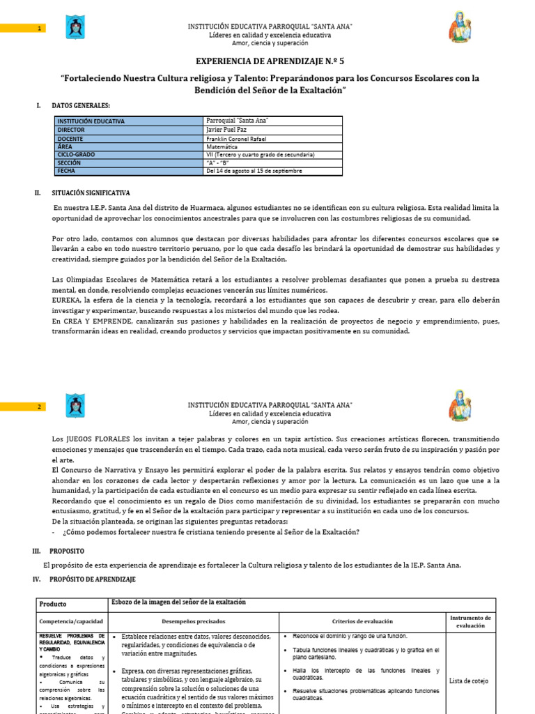 Experiencia de Aprendizaje 5 | PDF | Aprendizaje | Evaluación