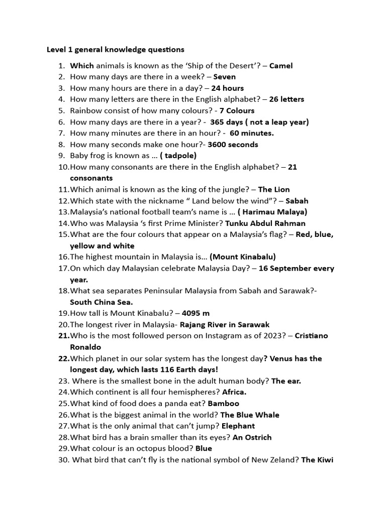 Level 1 General Knowledge Questions | PDF