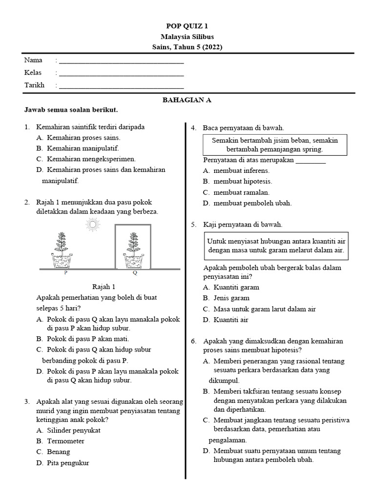 Yr 5, Pop Quiz 1 (Science) 2022 | PDF