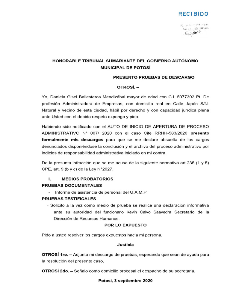 Memorial de Pruebas de Descargo y Acta de Audiencia | PDF | Justicia | Crimen y violencia