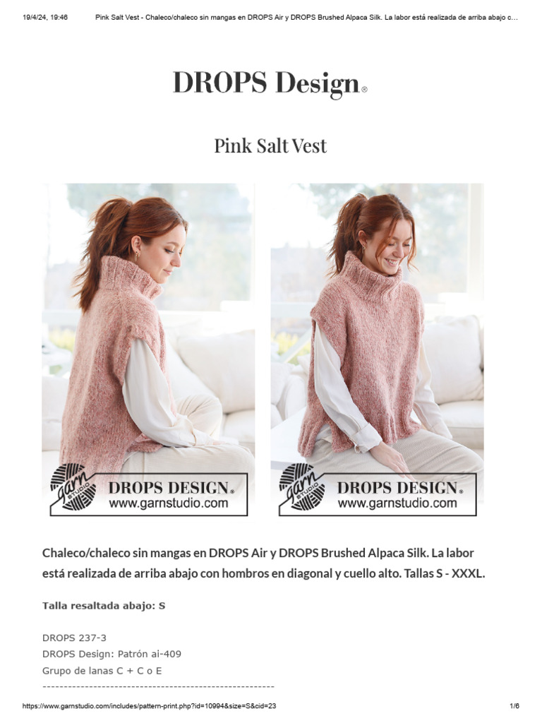 Pink Salt Vest - Chaleco - Chaleco Sin Mangas en DROPS Air y DROPS Brushed Alpaca Silk. | PDF