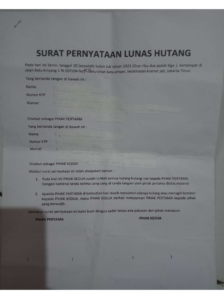 surat lunas hutang | PDF