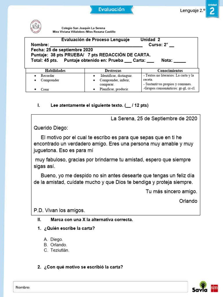 Evaluación Lenguaje Unidad 2 segundo basico | PDF
