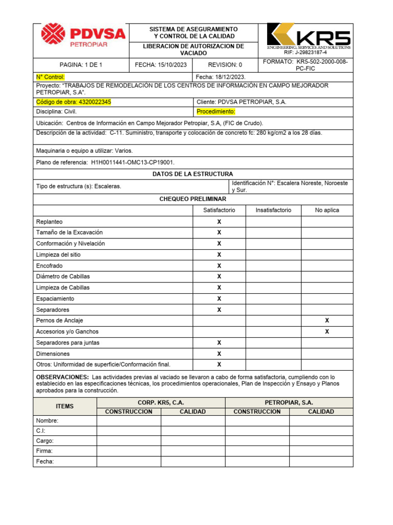9 - KR5-502-2000-009 - FC Rev. 0 Liberacion Autorizacion de Vaciado | PDF