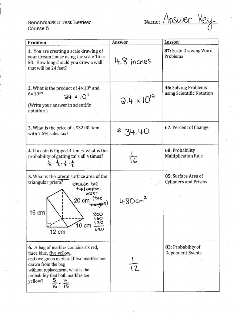 Course 3 Benchmark Test 3 Review Answer Key | PDF