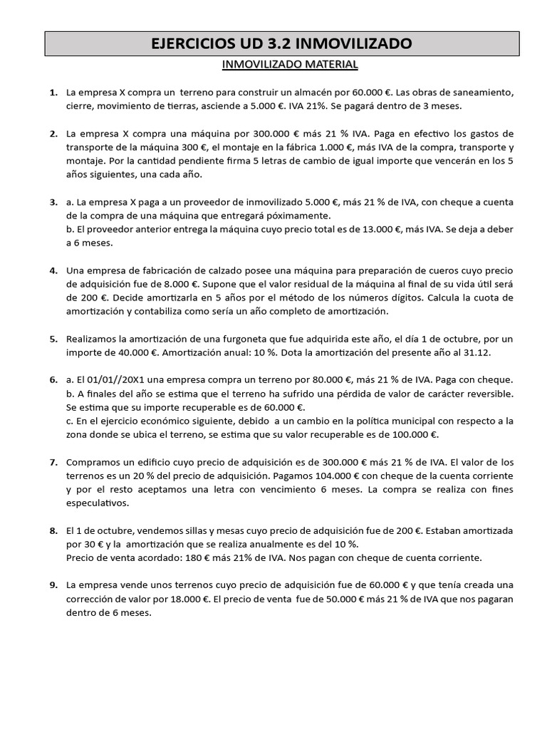 Ejercicios Ud3.2 Inmovilizado Material e Intangible | PDF