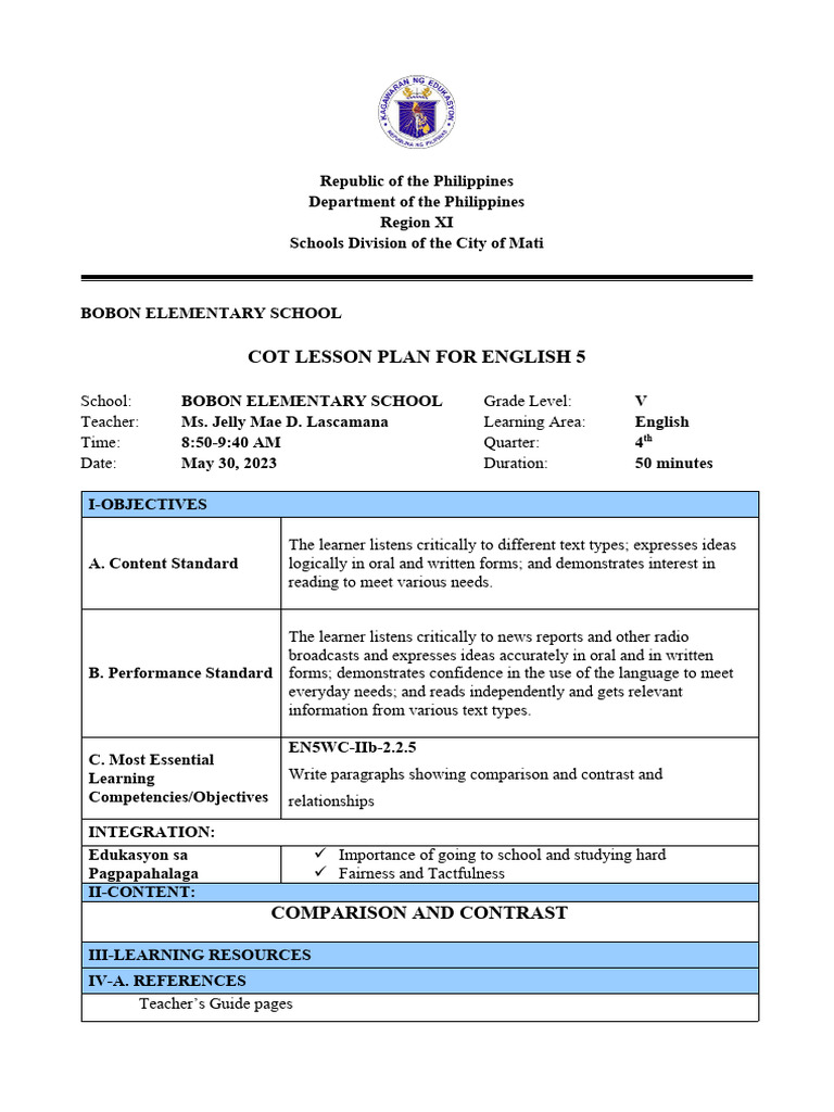 COT ENGLISH 5 (4th Quarter) | PDF | Learning | Teachers