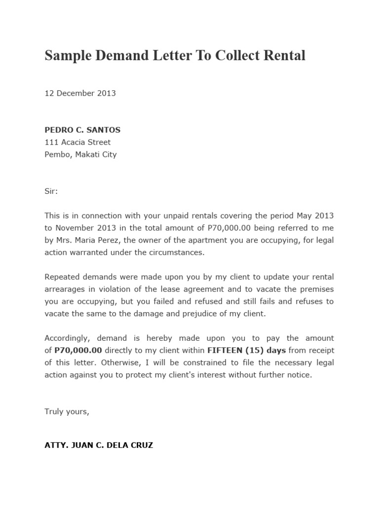 Demand Letter for Unpaid Rent Collection | PDF