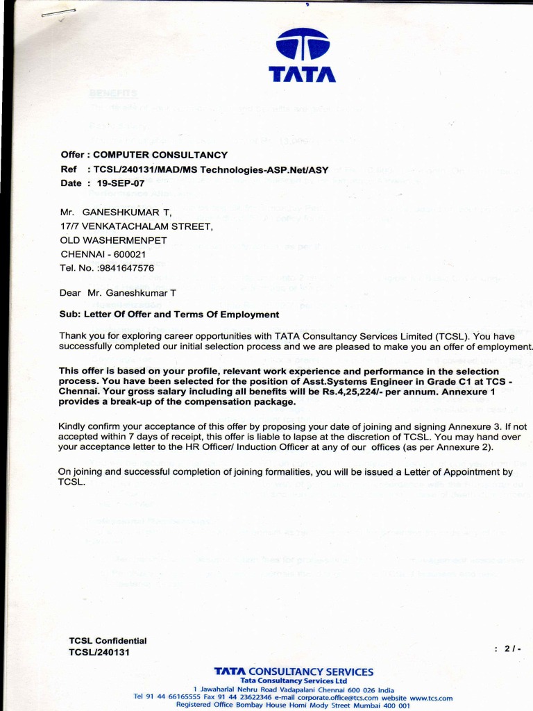 TCS Offer Letter September 2007 | PDF