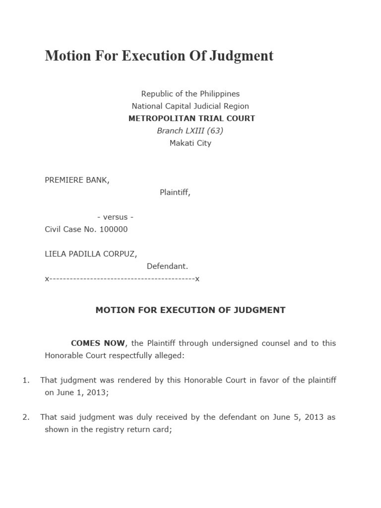 13 Motion For Execution of Judgment | PDF | Judgment (Law) | Lawsuit