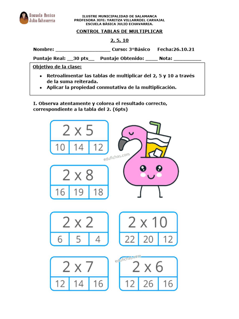 Control Tablas de Multiplicar 2, 5, 10 Octubre Tercro | PDF