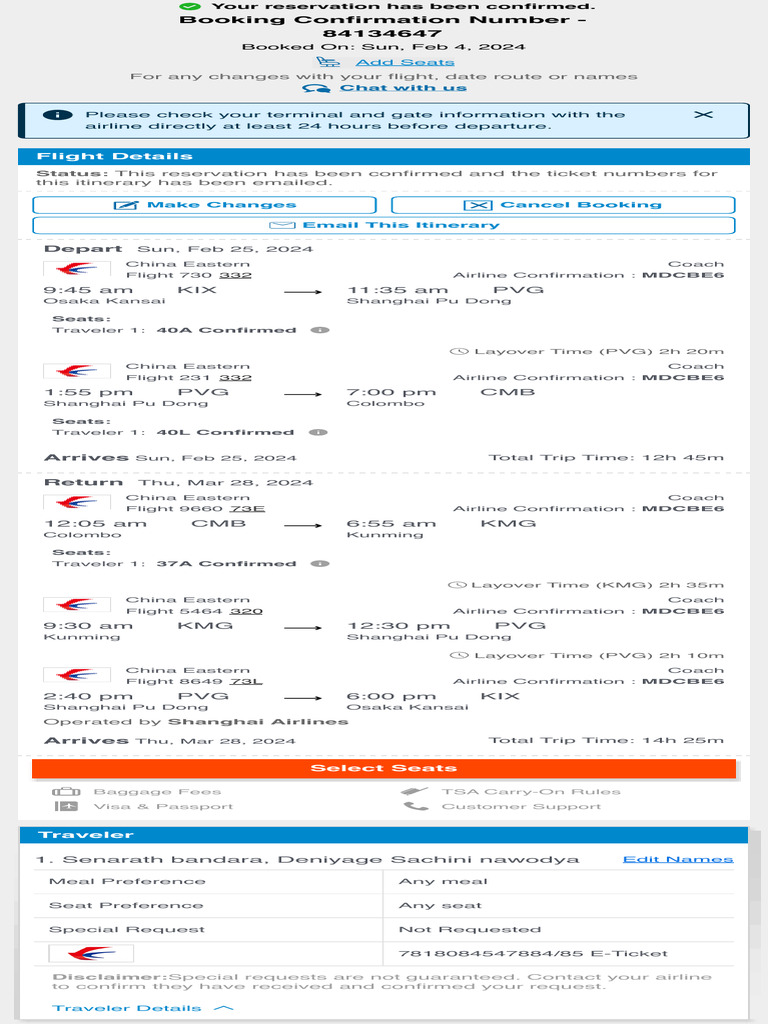 Flight Itinerary Confirmation | PDF | Aviation | Civil Aviation