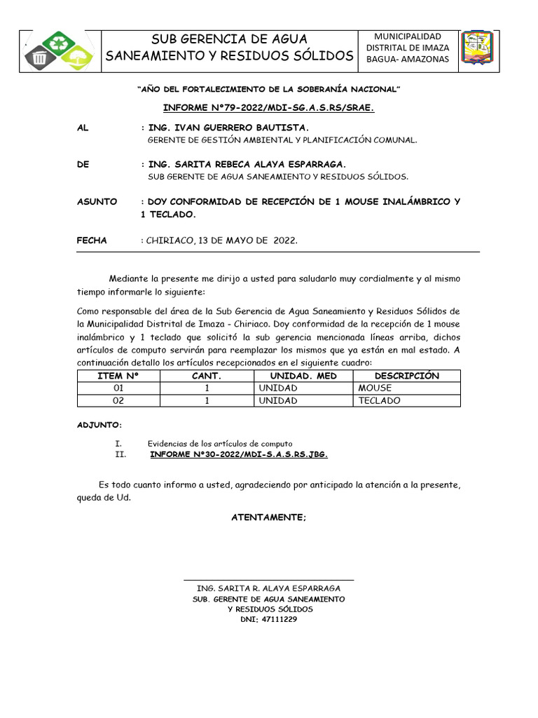 INFORME 79 - CONFORMIDAD DE RECEPCION DE TECLADO Y MOUSE | PDF | Ingeniería Ambiental | Hidrología