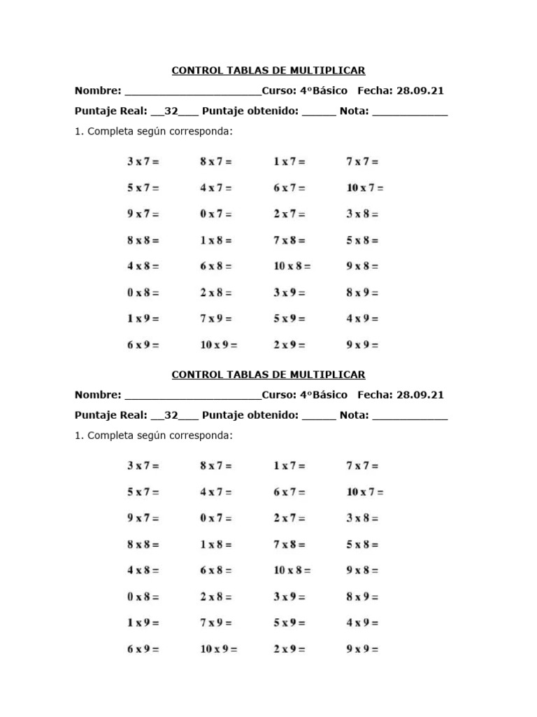 Control de Tablas de Multiplicar 4° Básico | PDF