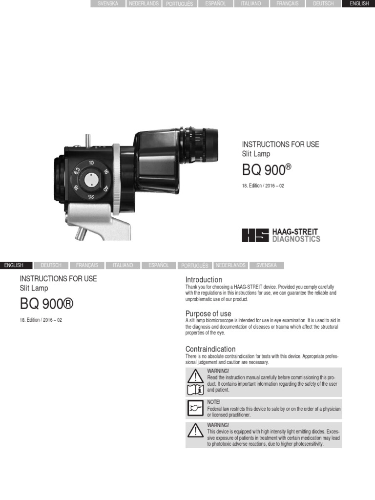 Haag-Streit Slit Lamp BQ-900 - User Manual | Download Free PDF | Optics